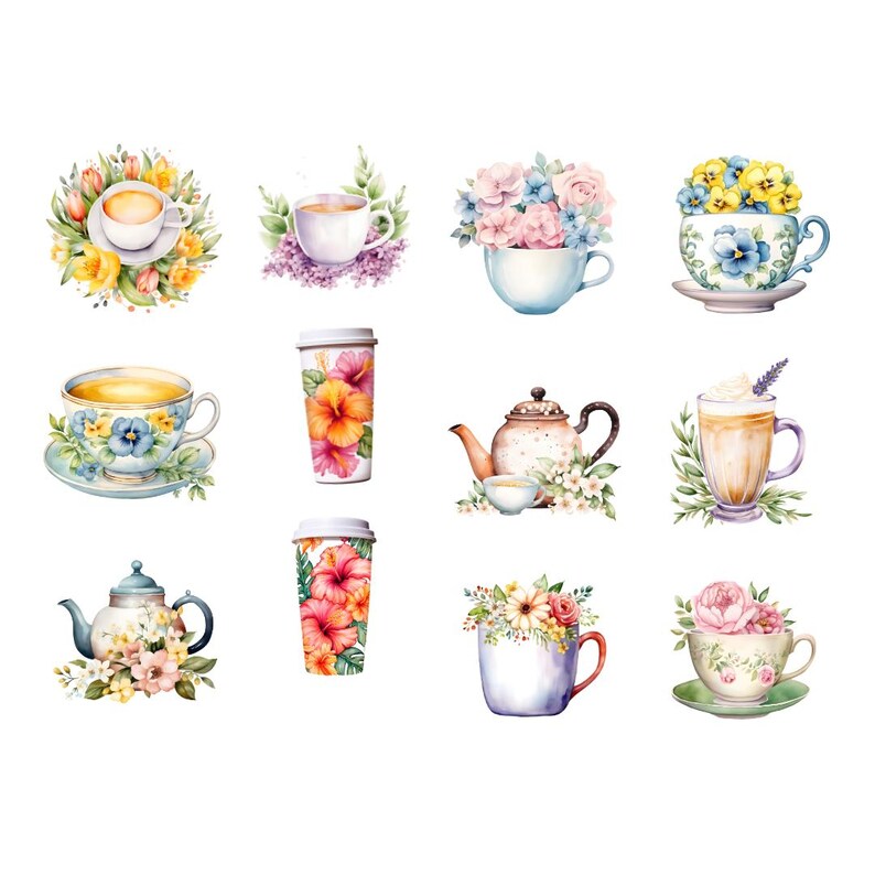Watercolor Floral Coffee Clipart - PNG Digital Files - Coffee With ...