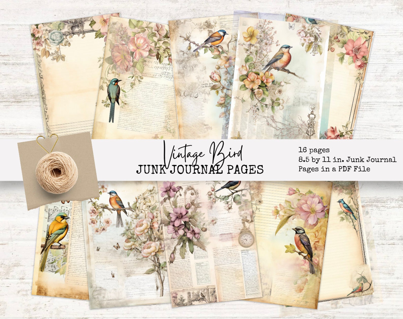 16 Vintage Bird Junk Journal Pages | Digital Download | Scrapbooking ...