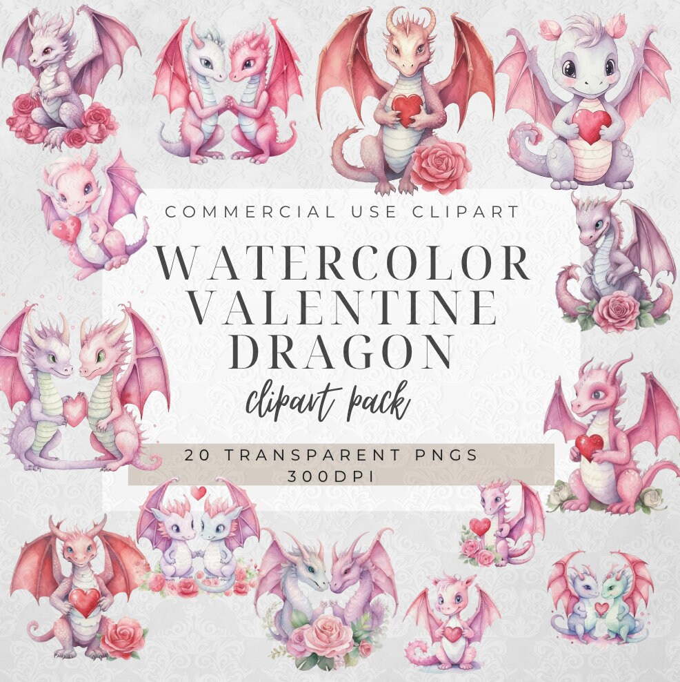 20 Valentine Dragon Clipart Watercolor Clipart Mystical Animals Cute ...