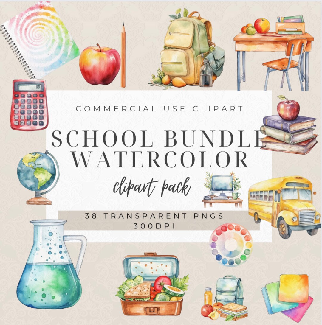 Watercolor School Clipart Set: Back to School PNG Graphics (digital ...