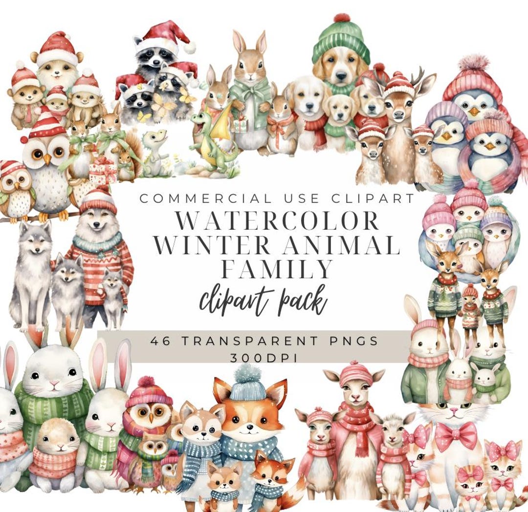 Winter Animal Clipart – Watercolor Christmas Penguins & Forest Animals ...