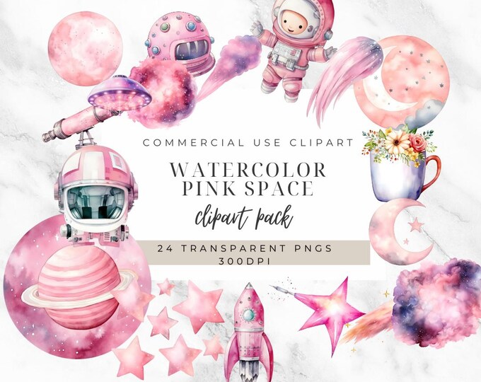 Astronaut Clipart Bundle, Watercolor PNG Girls Pink Digital Download ...