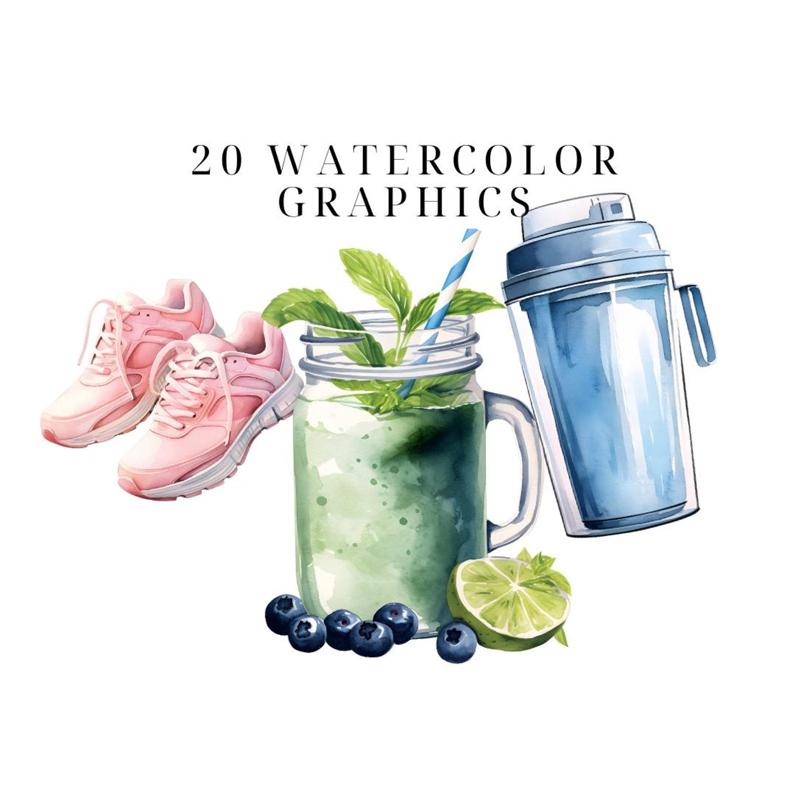 Watercolor Fitness Clipart Set: Health & Wellness Graphics (digital ...