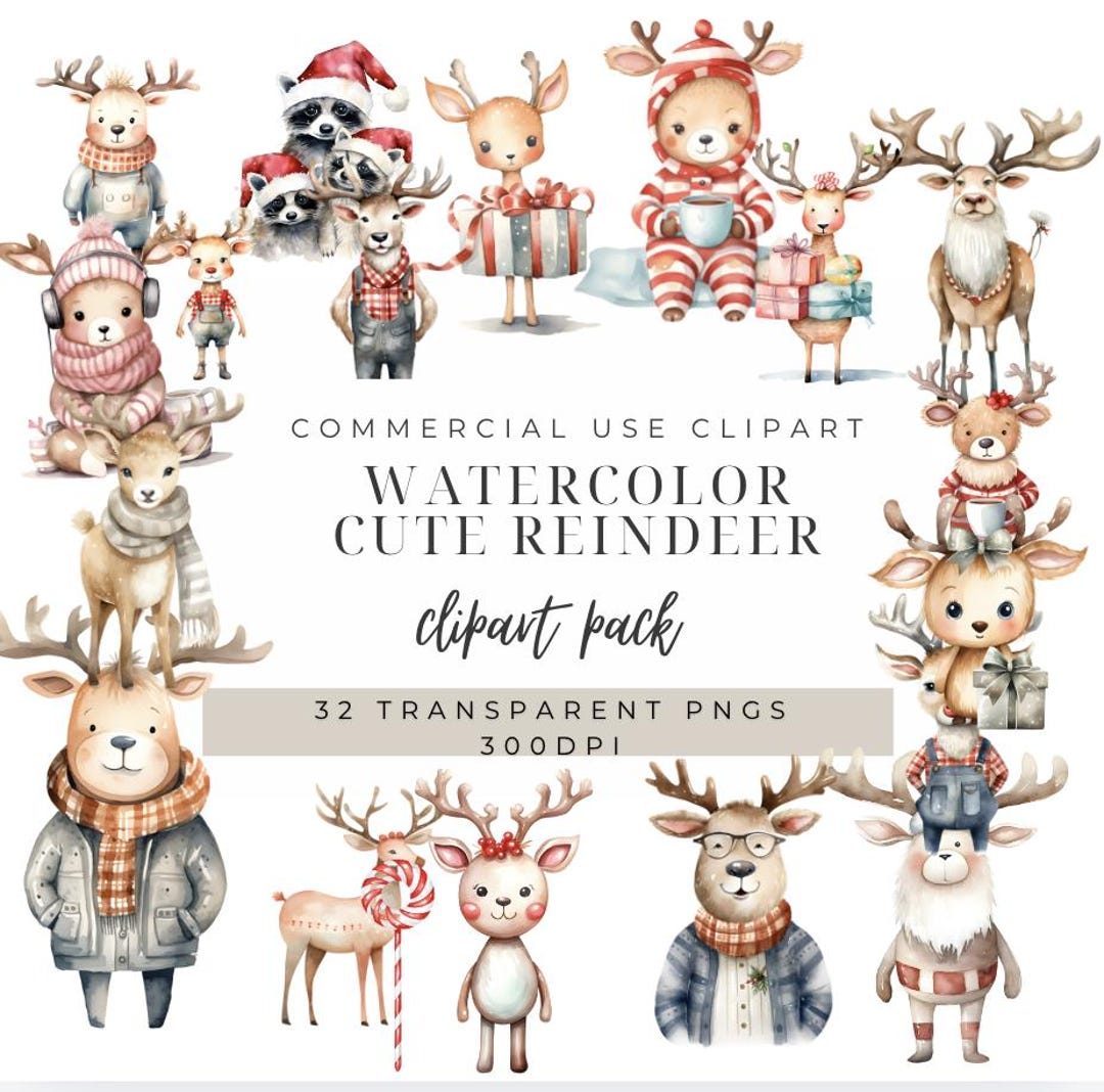 Reindeer Clipart - Cute Christmas PNG - Watercolor Reindeer Graphics ...