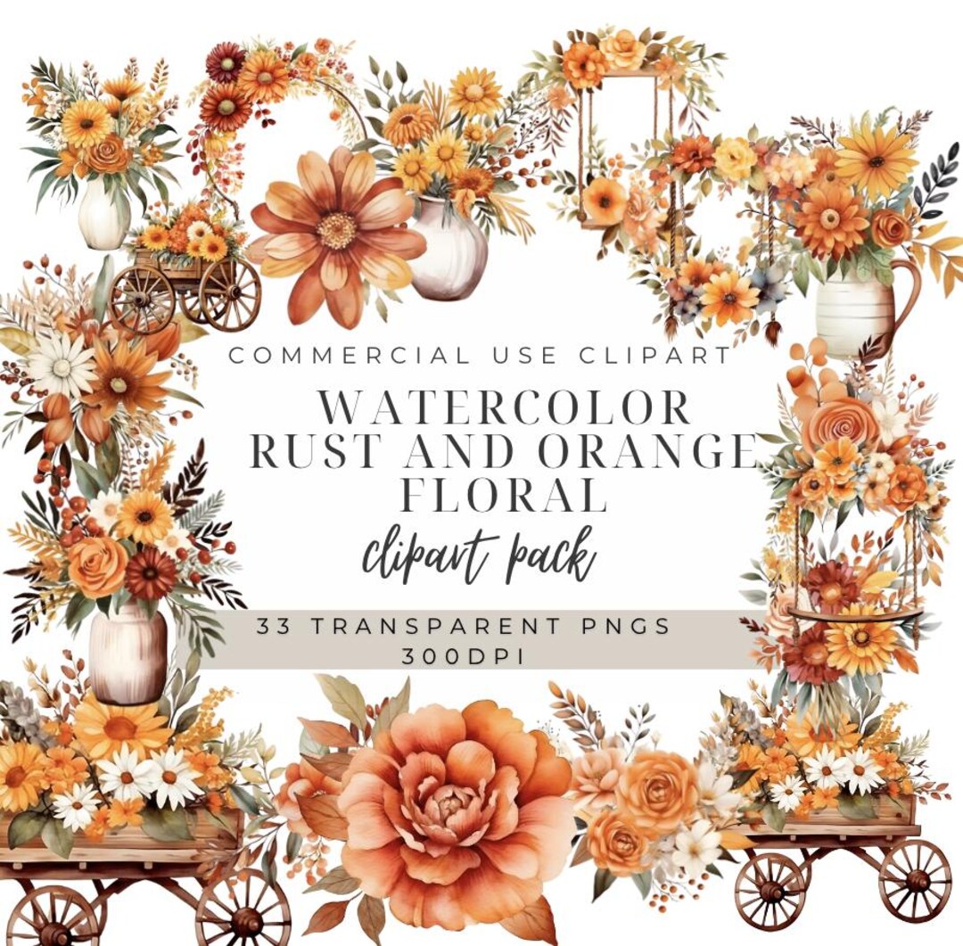 Rust Floral Clipart: Watercolor Autumn Flowers (digital Download) - Etsy