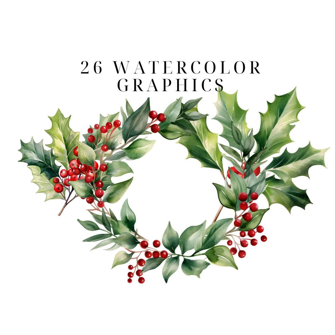 Holly and Berries Clipart Watercolor Christmas Graphics Free Commercial ...
