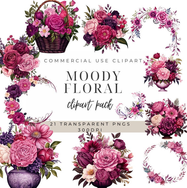Moody Floral Clipart | Moody Flower Clipart Pack | Purple Floral ...