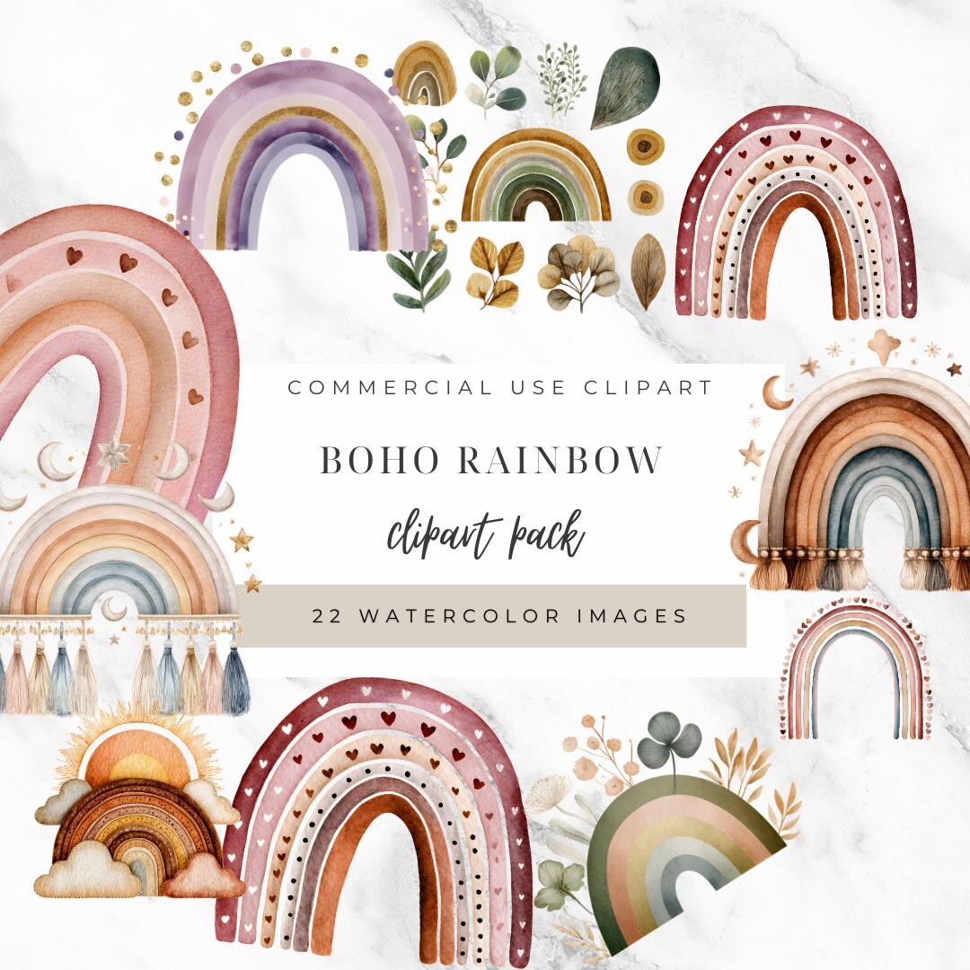 Watercolor Boho Rainbow Clipart Set: Nursery Art, Baby Shower Decor ...