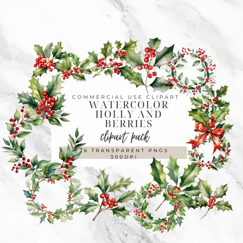 Holly and Berries Clipart Watercolor Christmas Graphics Free Commercial ...