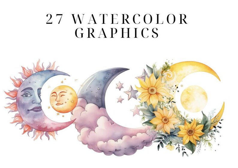 Watercolor Sun and Moon Clipart: Celestial Nursery Decor (PNG Instant ...
