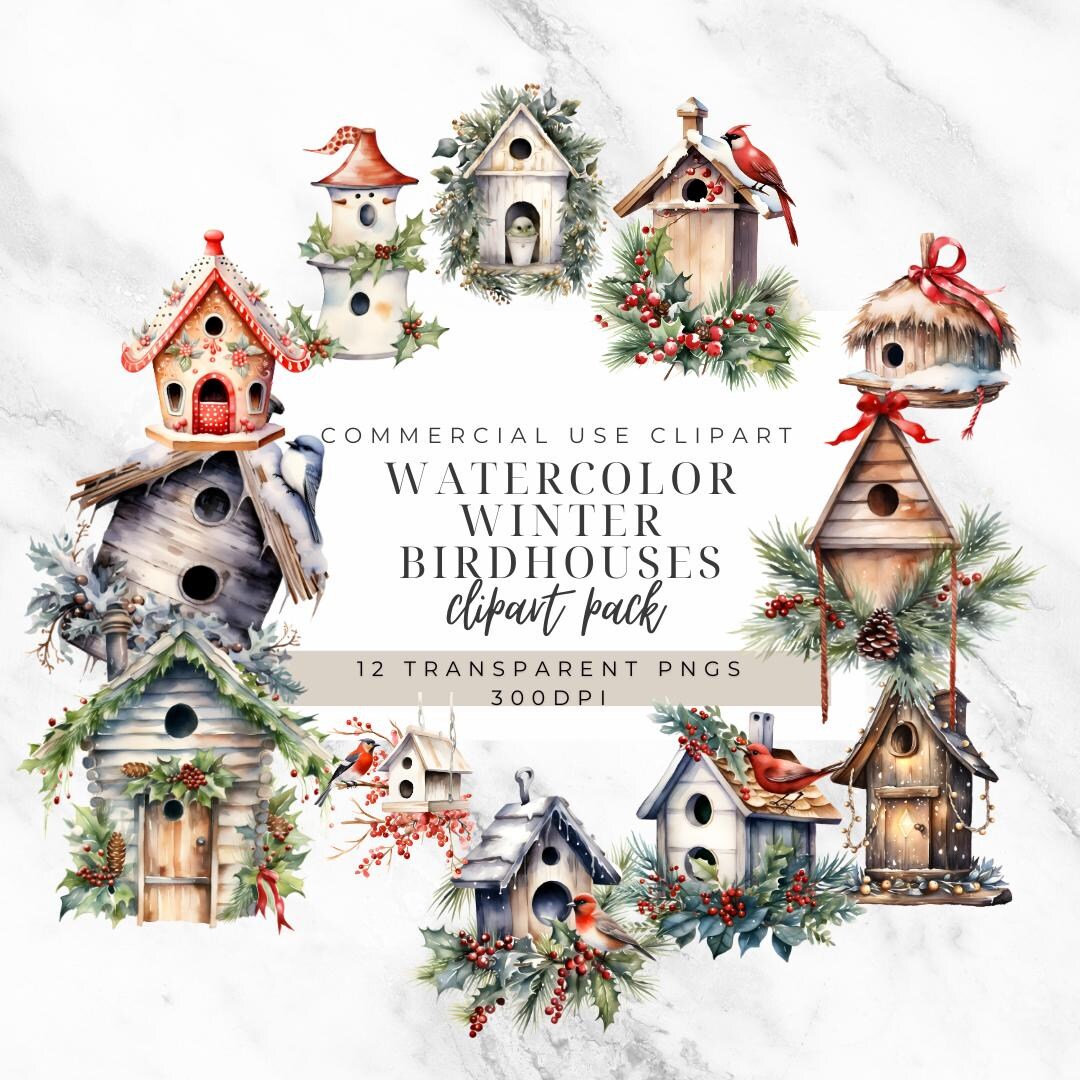 Watercolor Winter Birdhouse Clipart: Snowy PNG Graphics (digital ...