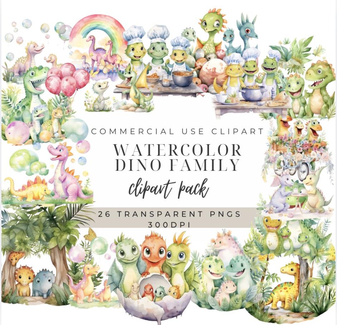 Dinosaur Clipart Bundle - Cute Dino PNG - Watercolor Dinosaur Art ...