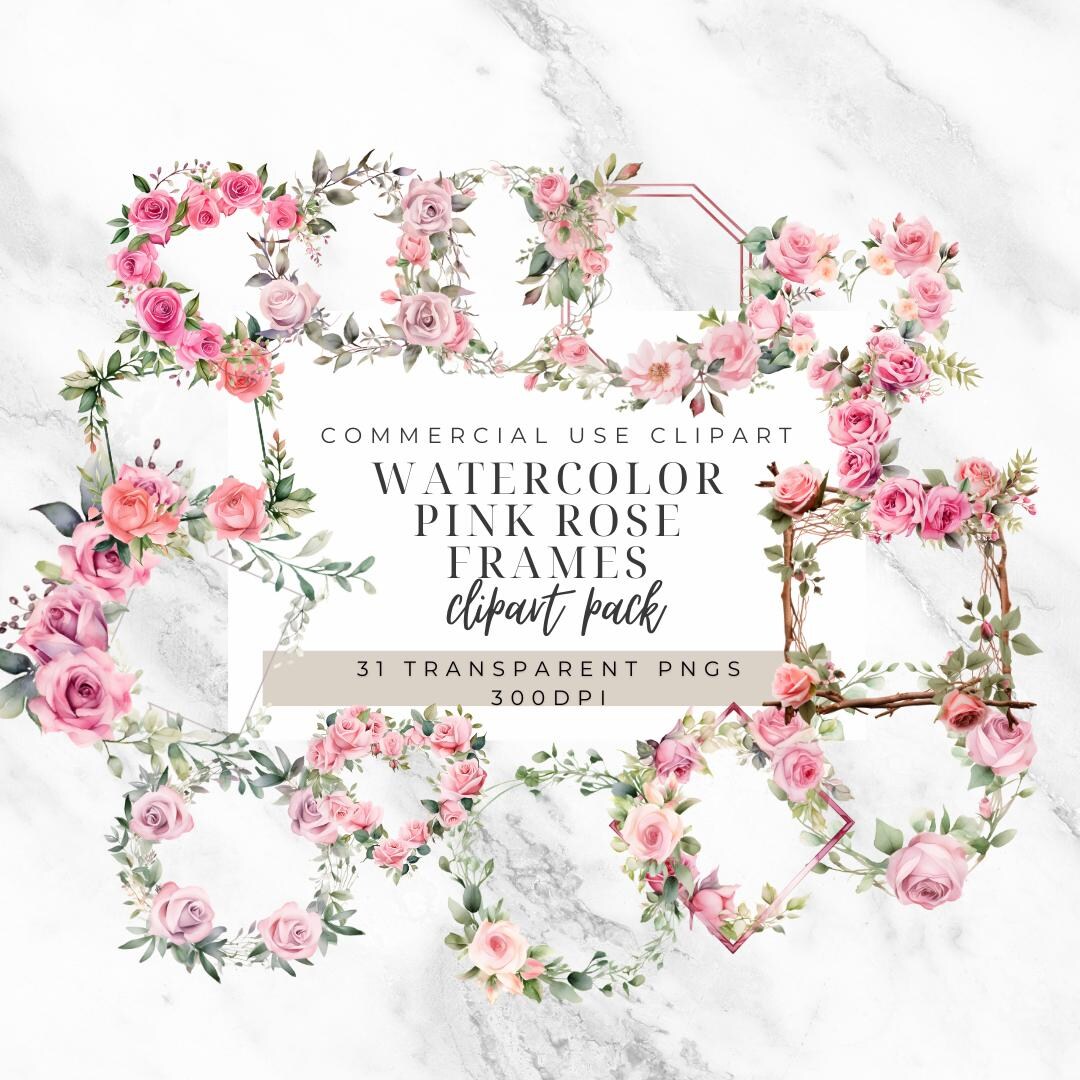 Pink Rose Frames Clipart - Watercolor Floral Designs - Instant Download ...