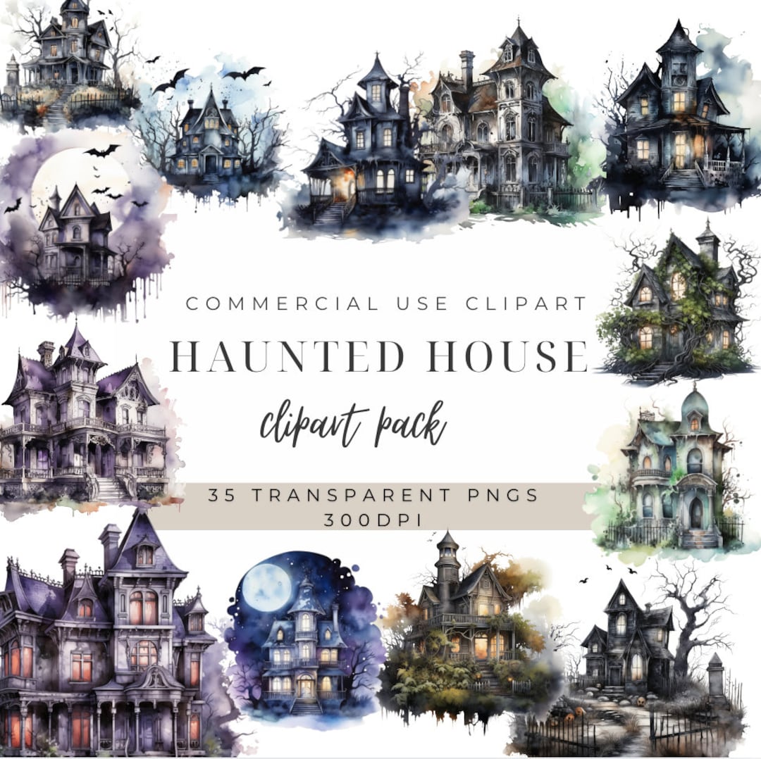 Watercolor Haunted House Clipart: Spooky Halloween Images (digital ...