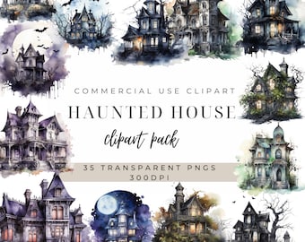 Watercolor Haunted House Clipart: Spooky Halloween Images (digital ...