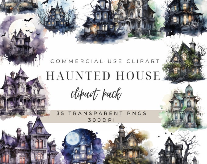 Watercolor Haunted Houses Clipart: Spooky Halloween PNG (digital ...