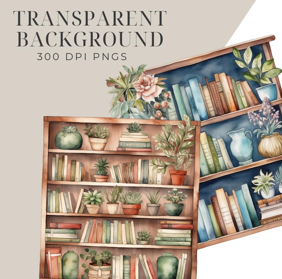 Bookshelves Clipart | Clipart Bundle | Boho Bookshelf | Library Clipart ...