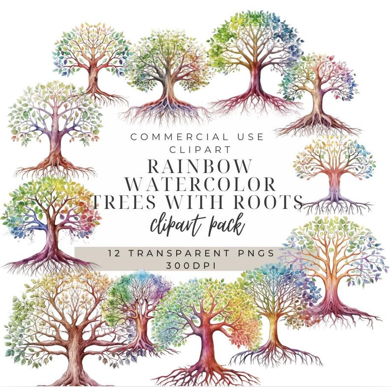 Rainbow Watercolor Tree With Roots Clipart | Transparent Background ...