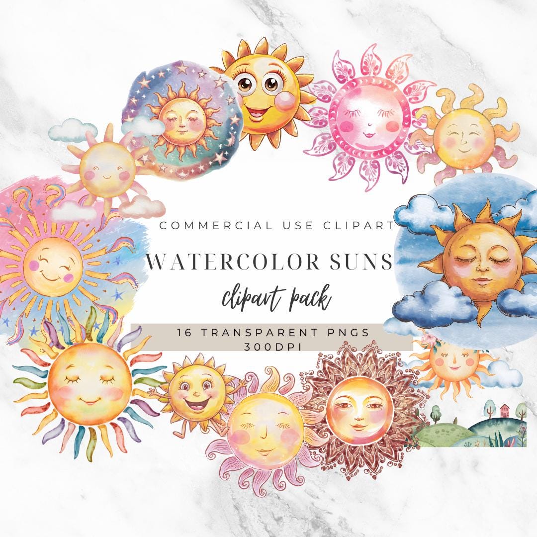 Cute Sun Clipart Bundle - Happy Sunshine - Watercolor Clip Art ...