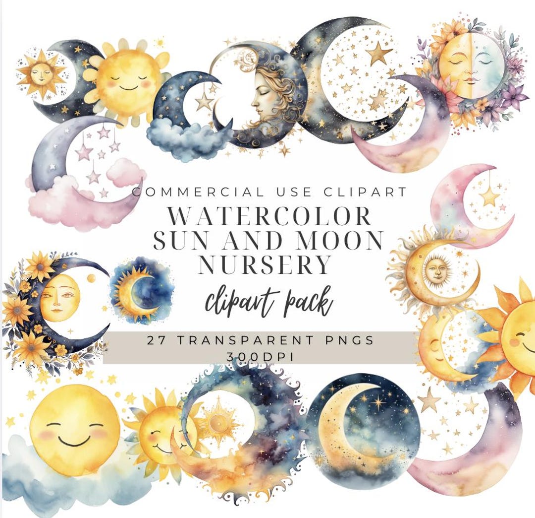 Watercolor Sun and Moon Clipart: Celestial Nursery Decor (PNG Instant ...