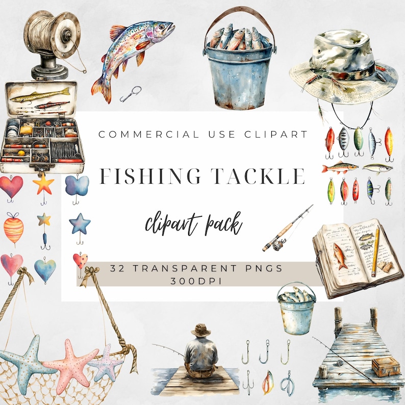 Fishing Clipart Set, Cute Watercolor Fishing Images, Digital Download ...
