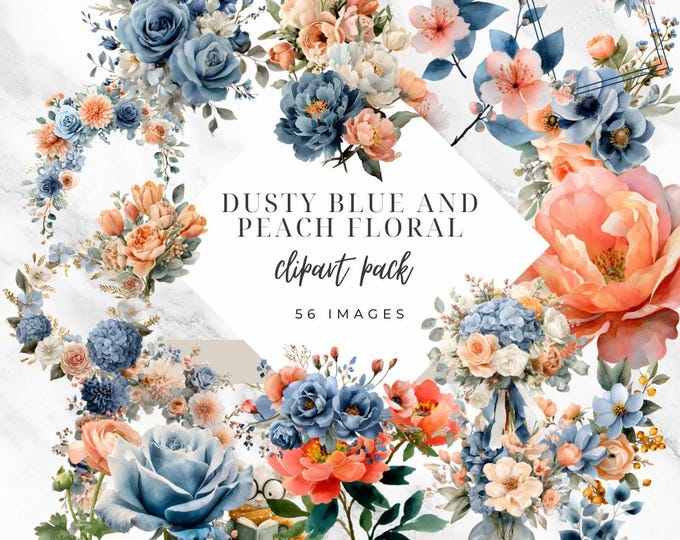 Dusty Blue and Peach Blush Watercolor Floral Arrangements - Floral ...