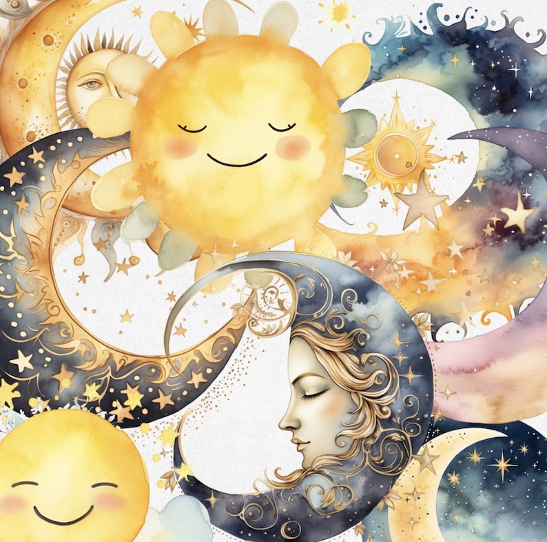 Watercolor Sun and Moon Clipart: Celestial Nursery Decor (PNG Instant ...