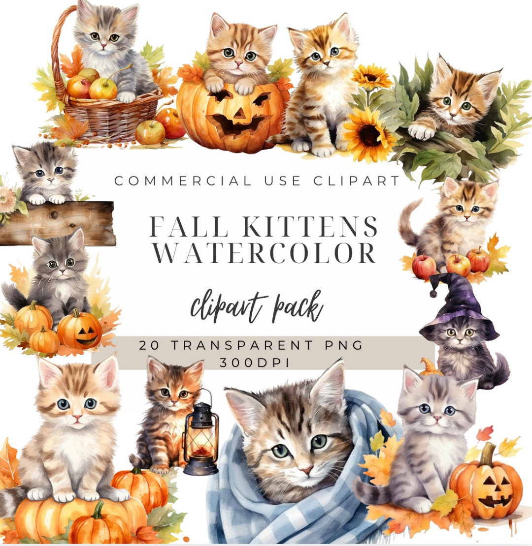 Fall Kitten Clipart: Watercolor Cozy Halloween Cat Graphics (digital ...