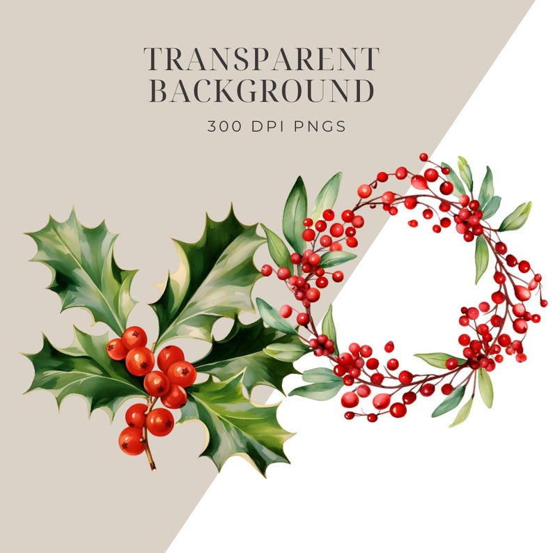 Holly and Berries Clipart Watercolor Christmas Graphics Free Commercial ...
