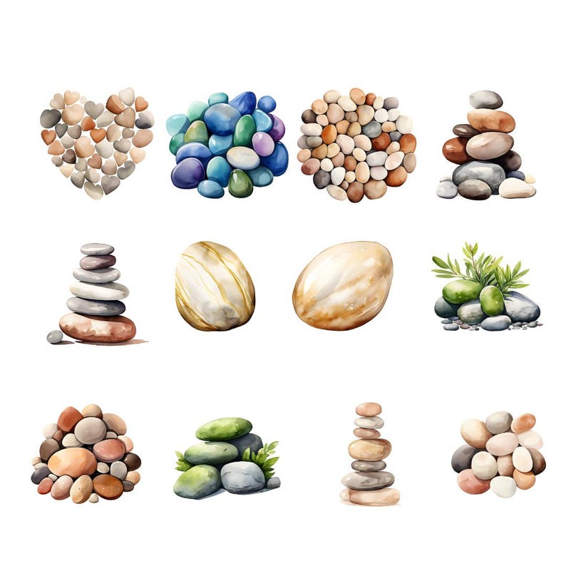 Beach Pebbles Clipart Watercolor Elements River Rocks Clipart Ocean Art ...