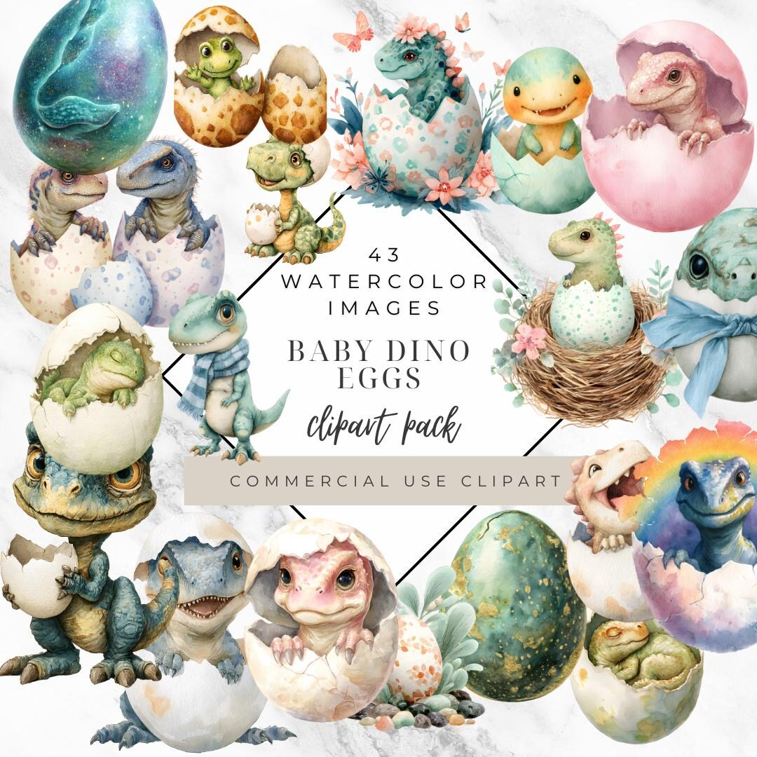 43 Baby Dinosaur Egg Watercolor Clipart – Dino Hatchlings, Nursery Art ...