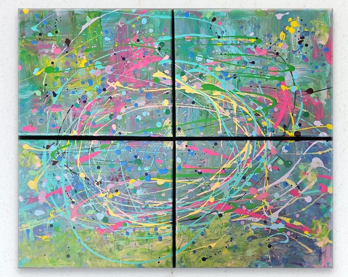Original Hand-painted Abstract Art on 4 Panels | Vibrant Acrylic ...