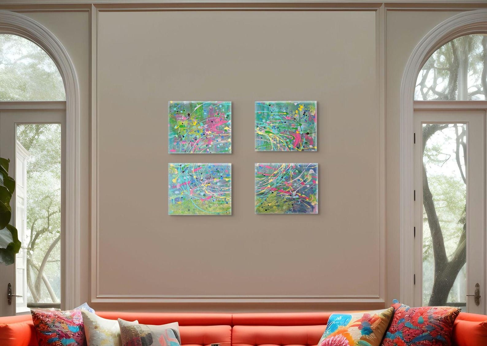 Original Hand-painted Abstract Art on 4 Panels | Vibrant Acrylic ...