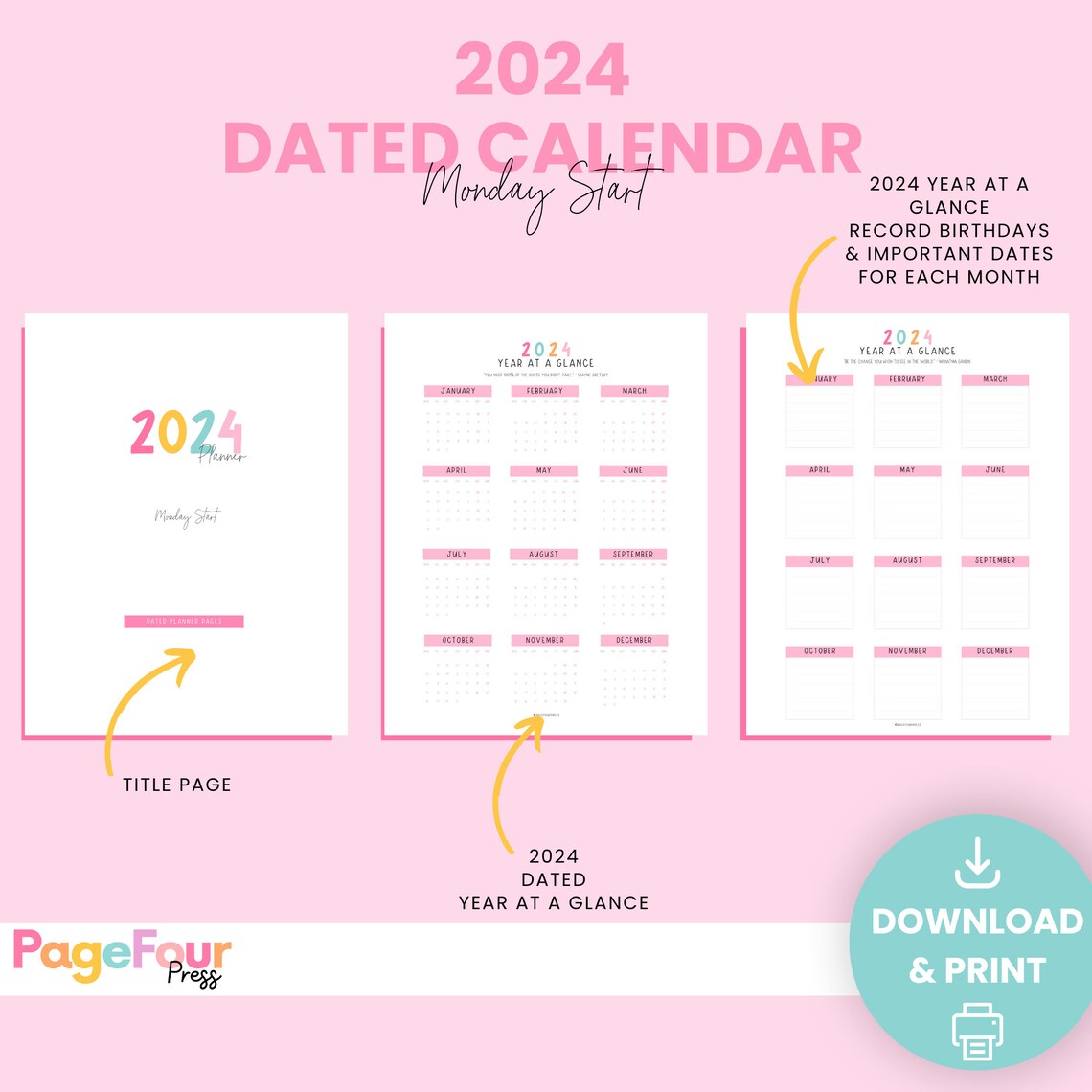 2024 Dated Calendar Printable 2024 Life Planner Printable Calendar ...