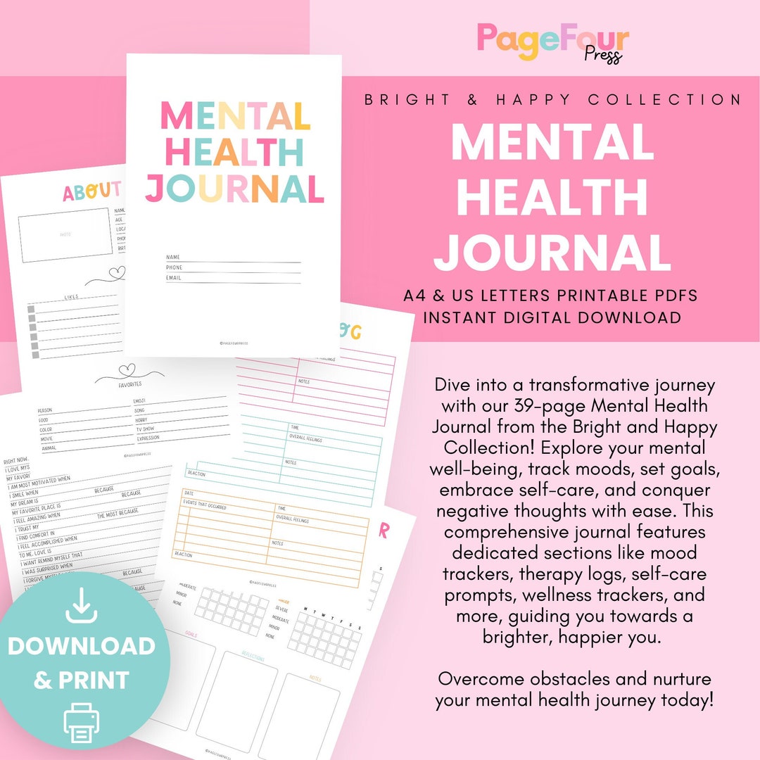 Mental Health Journal, Wellness, Digital Printable Worksheets, Anxiety ...