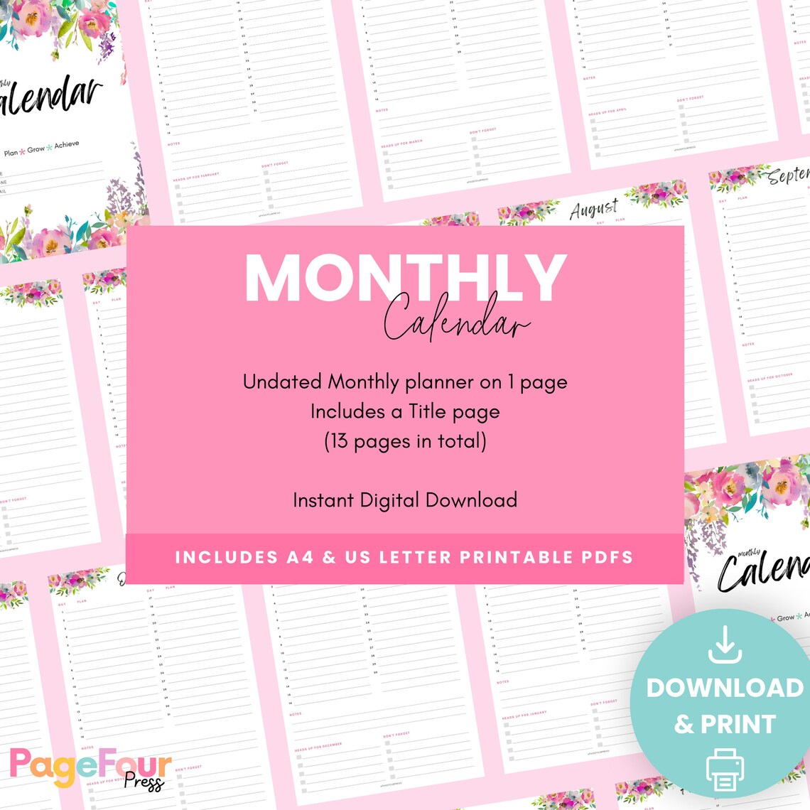 Monthly Planner Printable Monthly Calendar Instant Digital Download ...