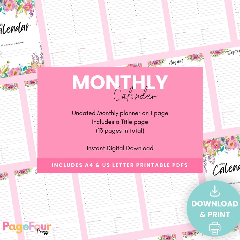 Monthly Planner Printable Monthly Calendar Instant Digital Download ...