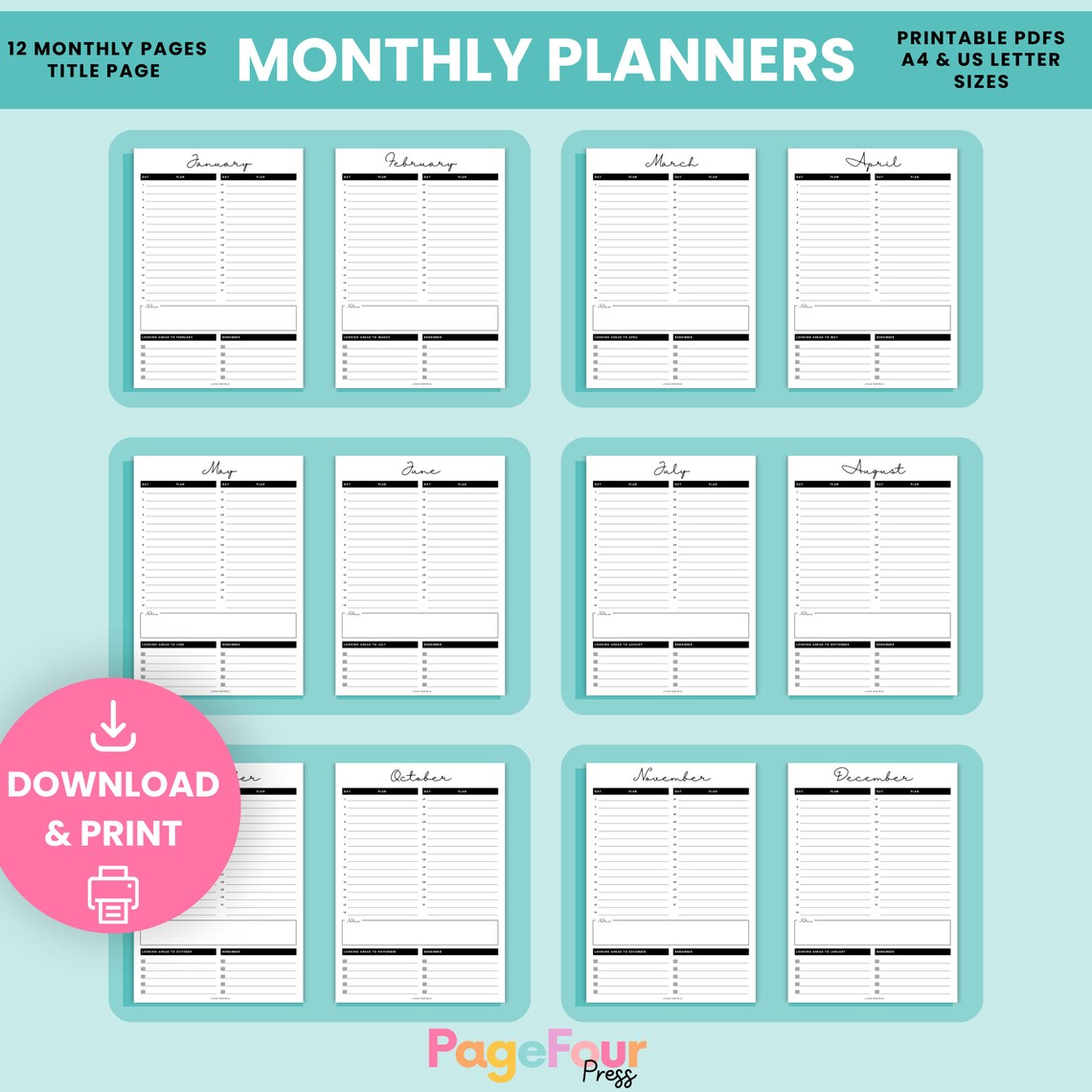 Undated Monthly Planner Printable: Simple Black and White Calendar (PDF ...