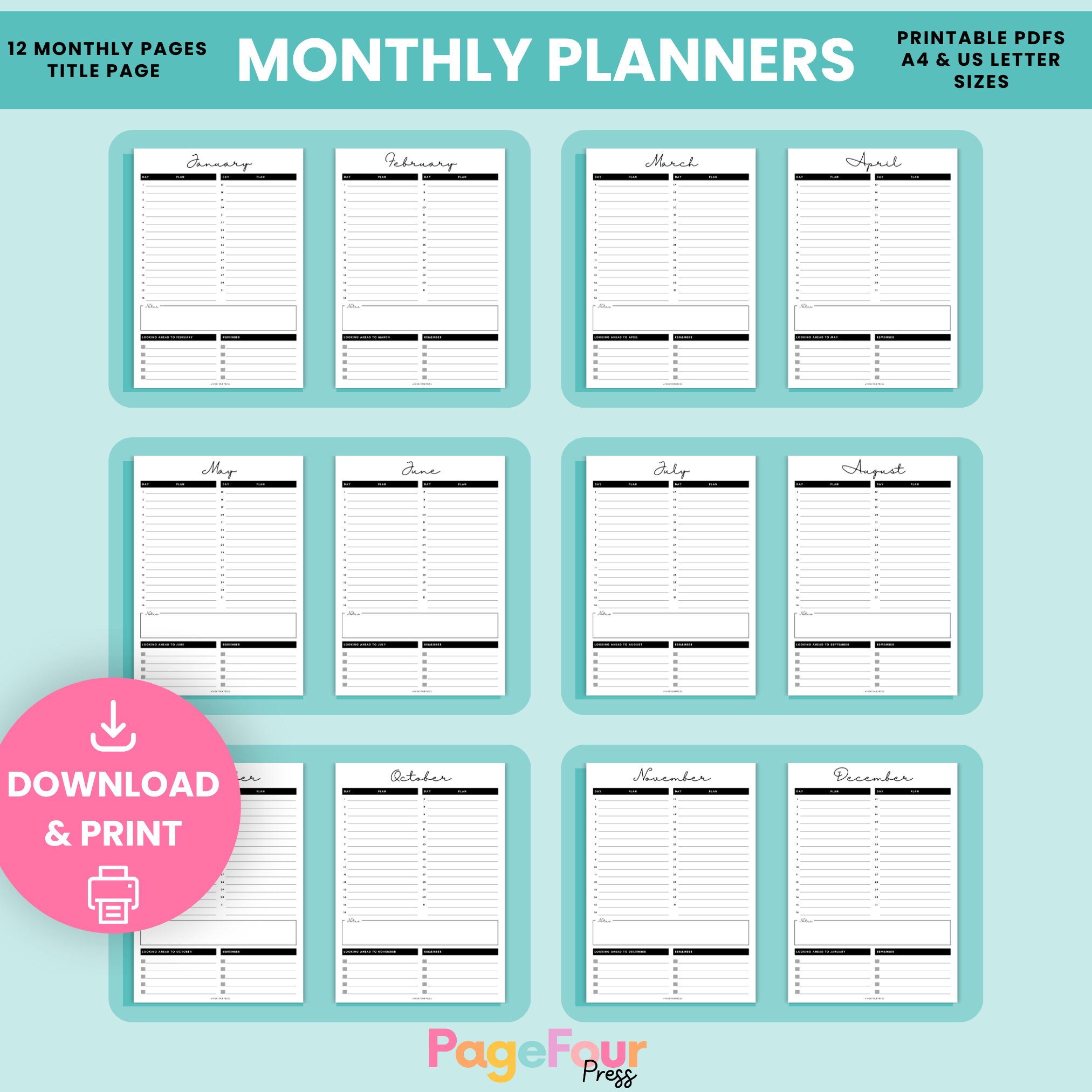 Undated Monthly Planner Printable: Simple Black and White Calendar (PDF ...