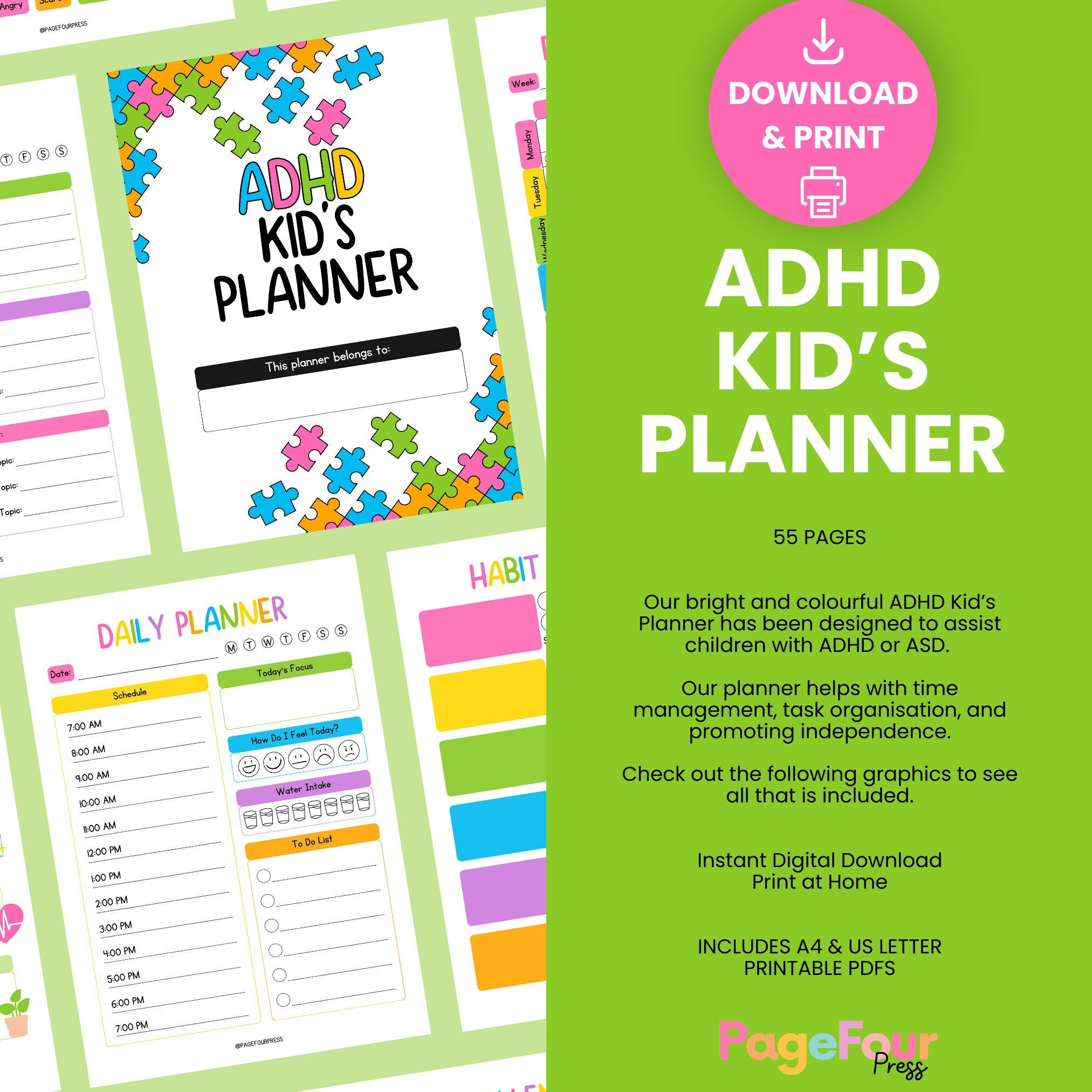 ADHD Kids Planner, Chore Chart, Daily & Weekly Planners, Mood Chart ...