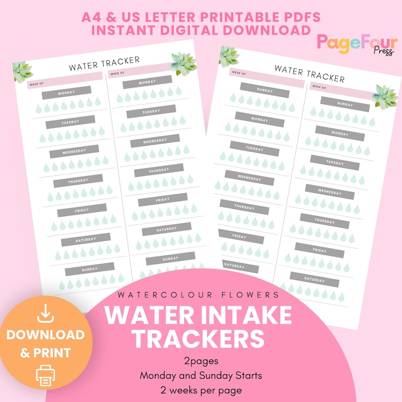 Water Intake Tracker Printables, Water Tracker Charts Pdfs, Digital ...