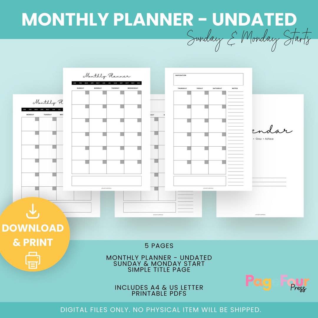 Monthly Planner Undated Printable Monthly Calendar Instant Digital ...