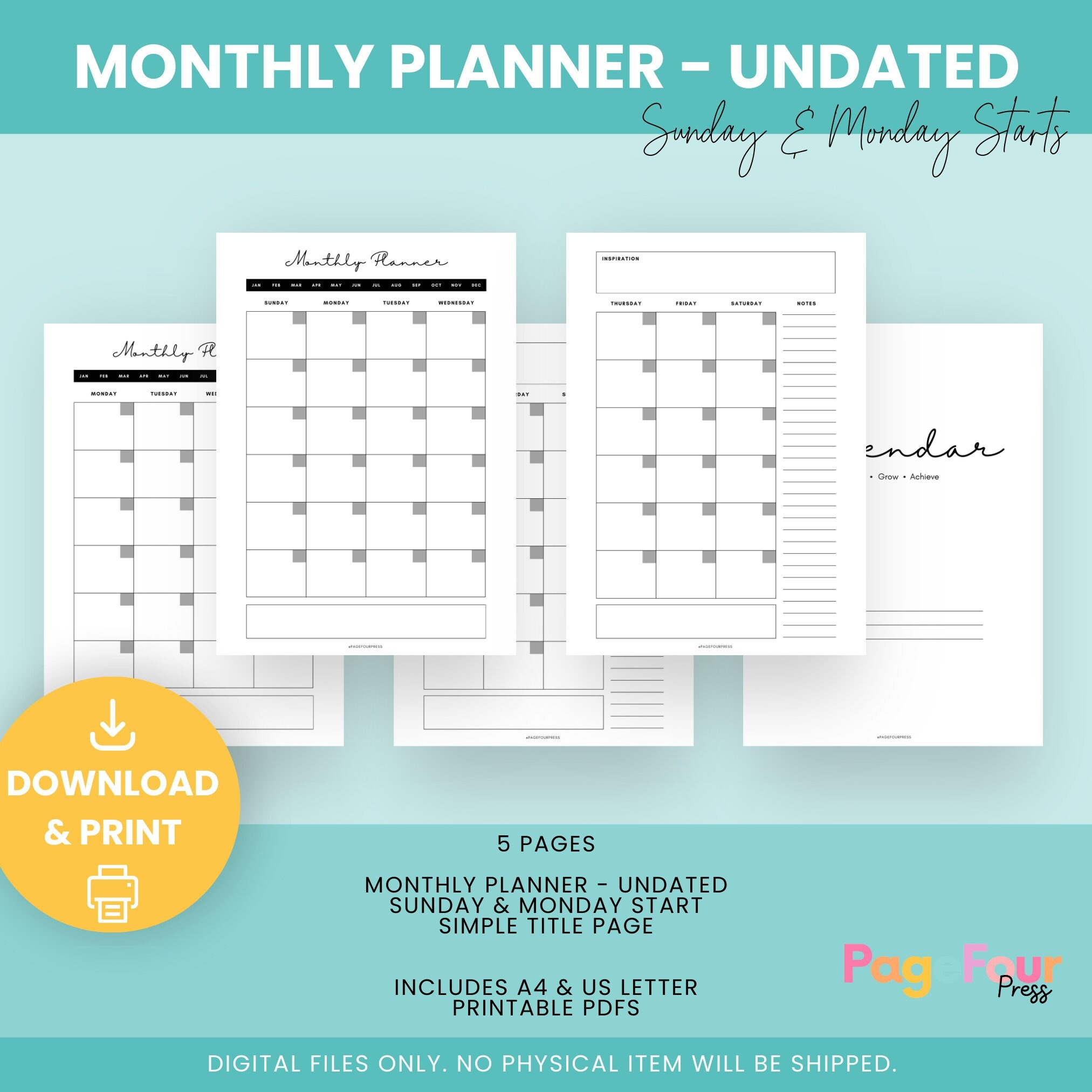 Monthly Planner Undated Printable Monthly Calendar Instant Digital ...