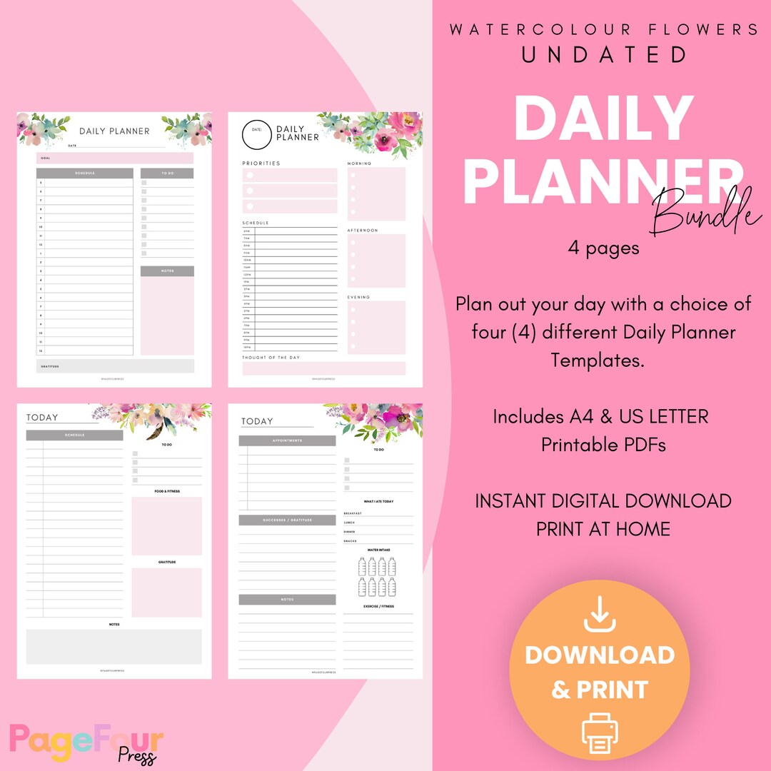 Watercolor Flowers Daily Planner Bundle: Undated, Printable (digital ...