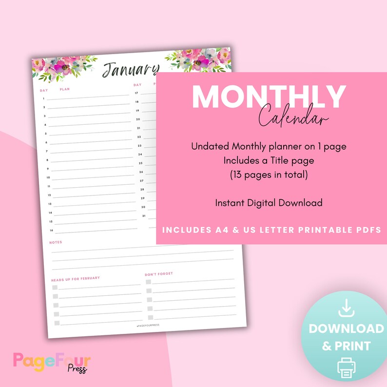 Monthly Planner Printable Monthly Calendar Instant Digital Download ...