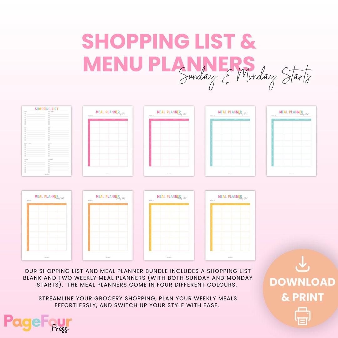 Shopping List Printable PDF Menu Planner Printable PDF Weekly Planner ...