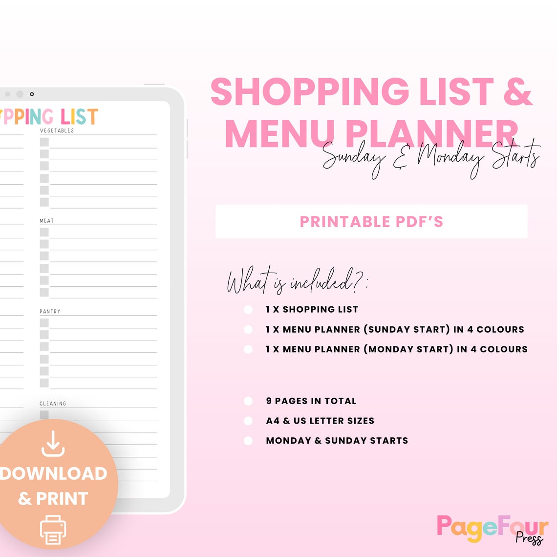 Shopping List Printable PDF Menu Planner Printable PDF Weekly Planner ...