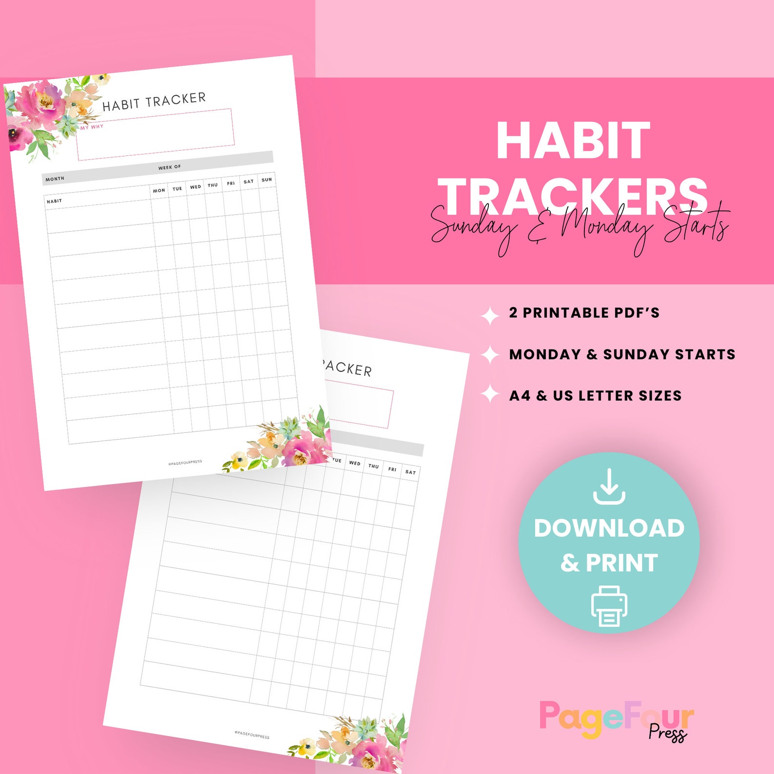 Habit Tracker Printable PDF Watercolour Flowers Habit Tracker Printable ...