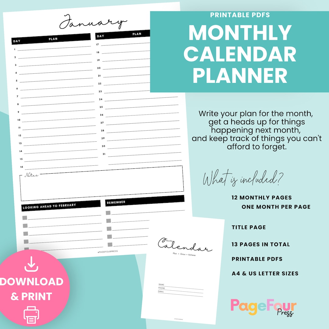Undated Monthly Planner Printable: Simple Black and White Calendar (PDF ...