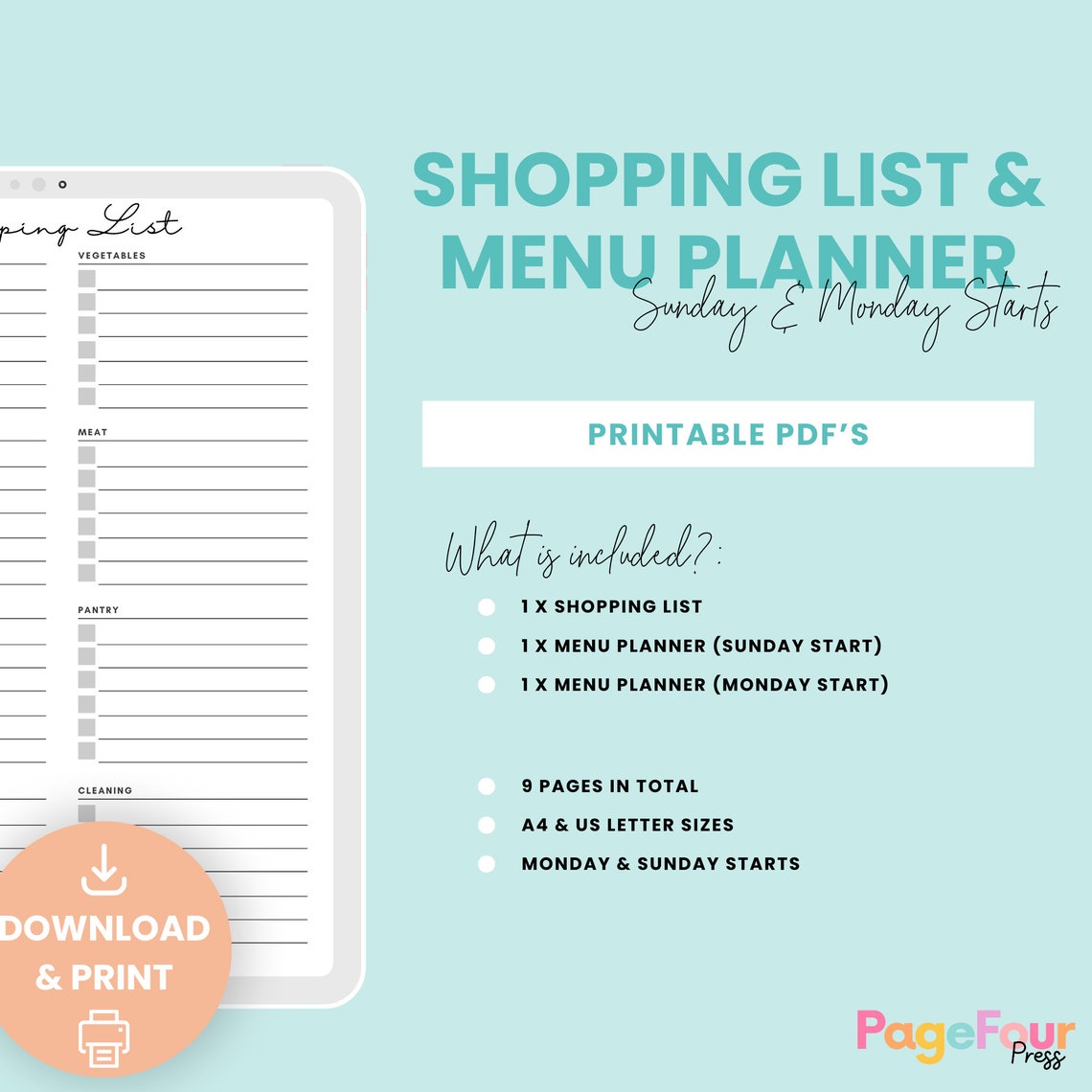 Shopping List Printable PDF Menu Planner Printable PDF Weekly Planner ...